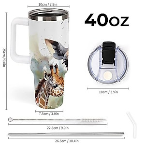 LLUTSNTH 40 Oz Vacuum Tumbler with White Handle Leakproof Insulated Tumbler Watercolor Deer Giraffe Stainless Steel Travel Mug with Lid And Straw Coffee Cup Cute Water Bottles Cup Holder Friendly