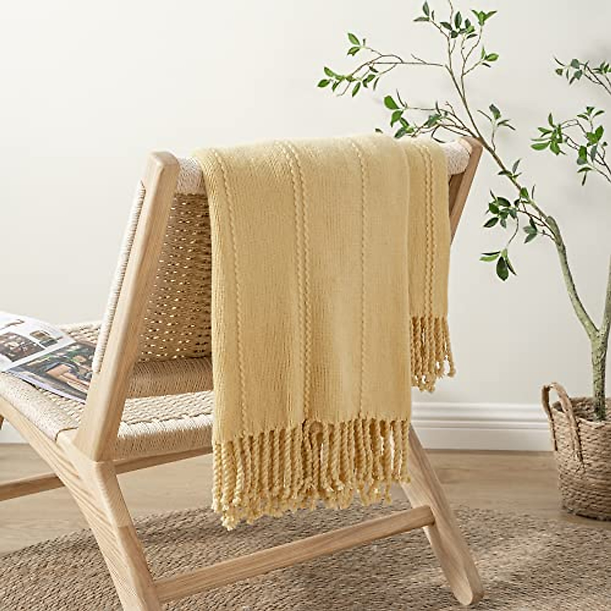 BATTILO HOME Yellow Throw Blanket for Couch, Knit Gold Throw Blankets Decorative Yellow Throws with Tassels for Bed Sofa Home Decor, 50"x60"