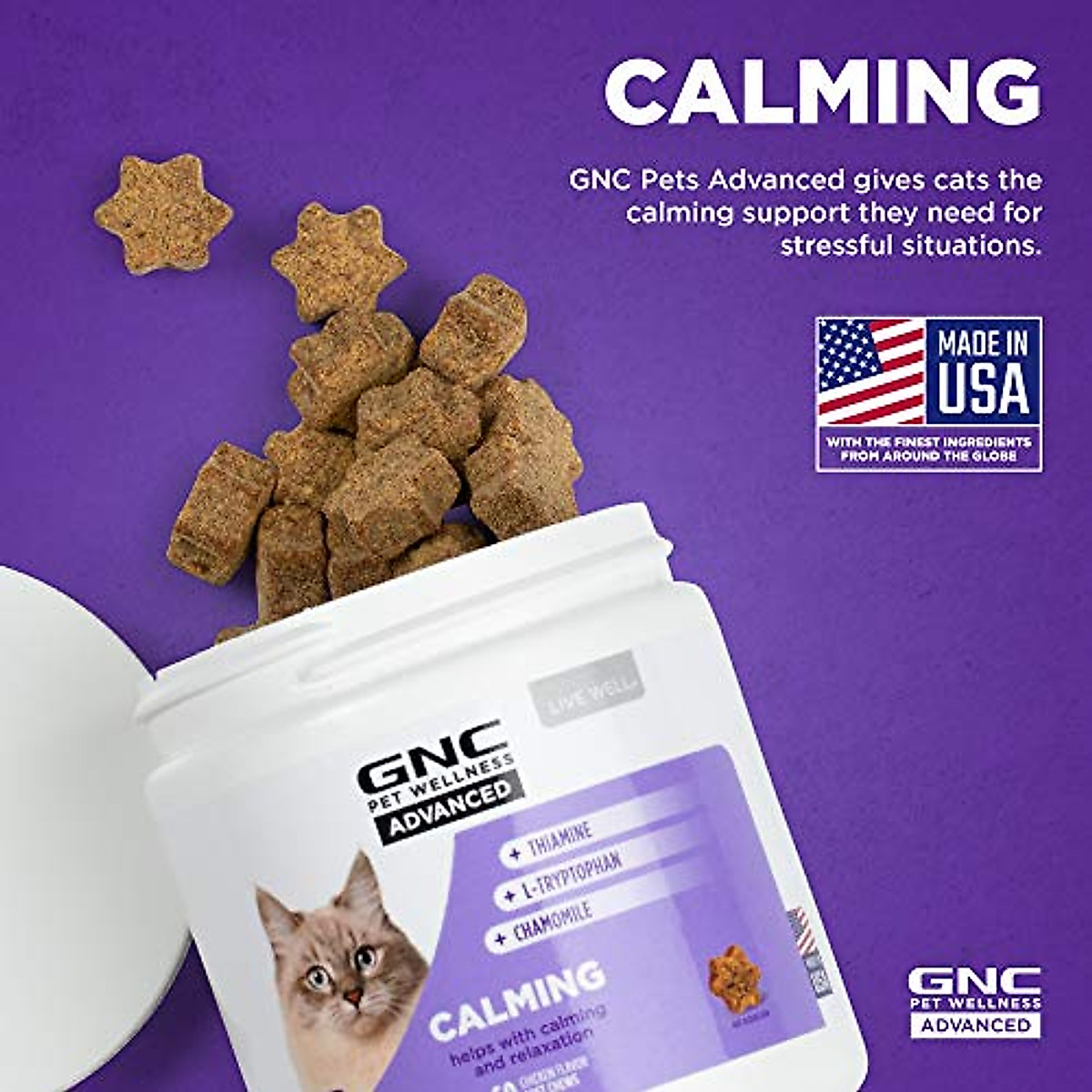 GNC Pets ADVANCED Calming Cat Chews Cats, 60 ct | Chicken Flavored Cat Soft Chews for Calming & Relaxation | Thiamine, L-Tryptophan, & Chamomile Cat Calming Supplements | Made in the USA