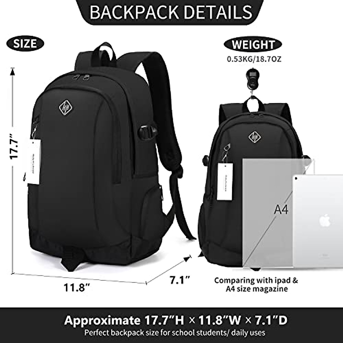 rickyh style School Backpack, Travel Bag for Men & Women, Lightweight College Back Pack with Laptop Compartment