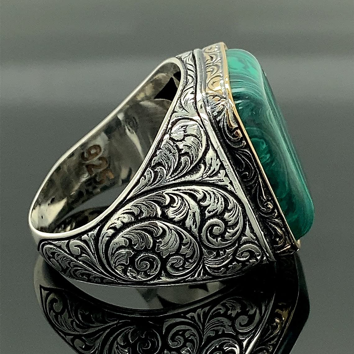 Malachite Gemstone Ring, Men Handmade Ring, Turkısh Handmade Ring, Embroidered Ring, Ottoman Jewelry