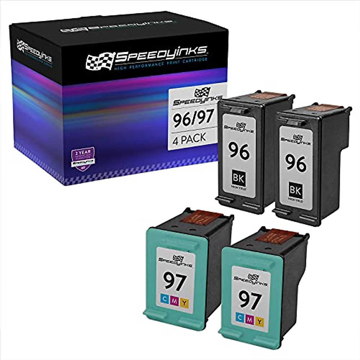 SPEEDYINKS Remanufactured Ink Cartridge Replacement for HP 96 & HP 97 (4 Pack - 2 Black, 2 Tricolor) for use in OfficeJet, DesignJet, Photo Smart and DeskJet