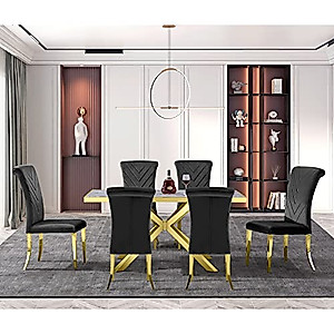 AZhome 5 Pieces Dining Table Set, Black and Gold Kitchen and Dining Room Sets for 4, Gold Metal X-Shaped Base Dining Table, Black Velvet Upholstered Dining Chairs with Gold Stainless Steel Legs