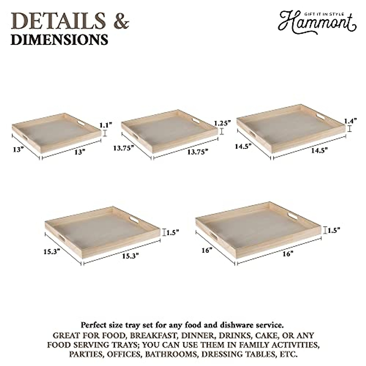 Hammont Wooden Square Nested Serving Trays (Largest Tray is 16") 5 Piece Set of Wood Trays for Crafts with Cut Out Handles | Kitchen Nesting Trays for Serving Pastries, Snacks, Mini Bars, Chocolate