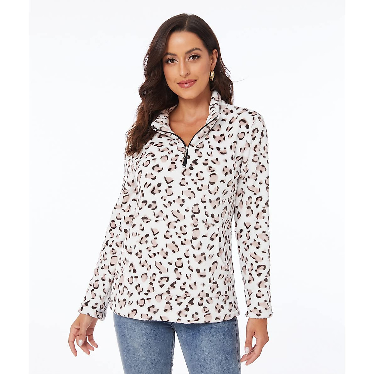 P&A Fashion Women's Long Sleeve Leopard Print Sweatshirt V Neck Quarter Zip Fleece Pullover Tops (XX-Large, White 1)