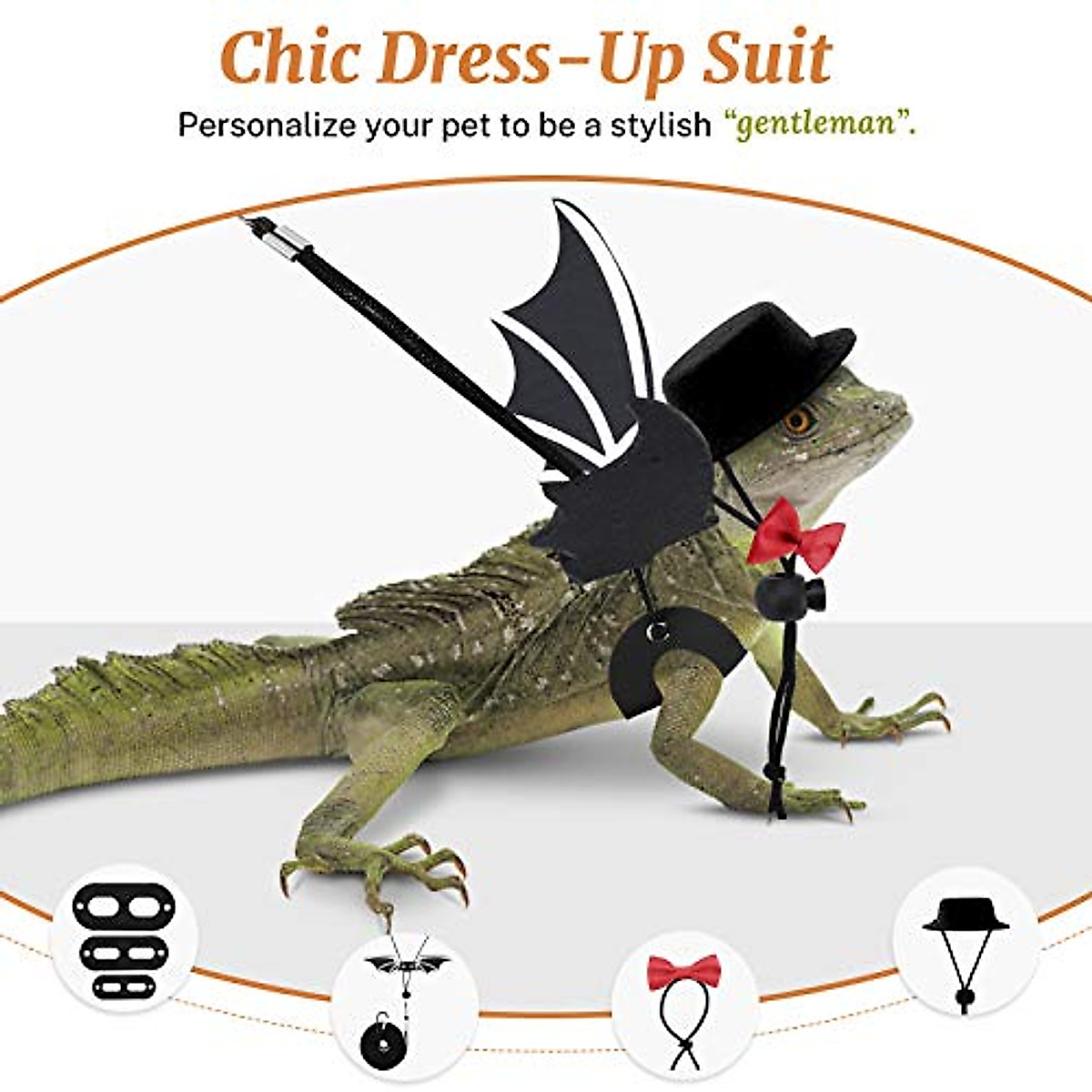 VavoPaw Bearded Dragon Lizard Leash Harness (S/M/L 3 Pack), Adjustable Leash Bat Wings Costume Accessories with Hat & Bow Tie Collar for Lizard Reptile, Gecko, Iguanas, Amphibians & Small Animals