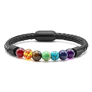 Jovivi 7 Chakra Beads Bracelet Healing Crystals Stone Energy Beads Balancing for Men Women Leather Cuff Bracelets Stainless Steel Buckle