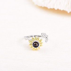 Fookduoduo Sunflower Ring for Women 925 Sterling Silver Jewelry You are My Sunshine Flower Ring Projection Finger Adjustable I Love You 100 Language Ring for Girlfriend Wife
