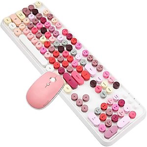 Wireless Retro Keyboard Cute Mouse Combo, 2.4GHz USB Wireless Typewriter Keyboard with 104 Colorful Round Key, Full Size with 3 DPI for PC Laptop Desktop