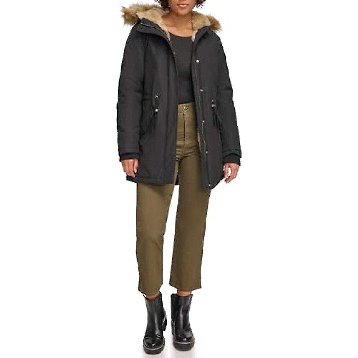 Levi's Women's Lined Hooded Parka Jacket (Regular & Plus Sizes), Black/Tan Faux Fur, X-Large