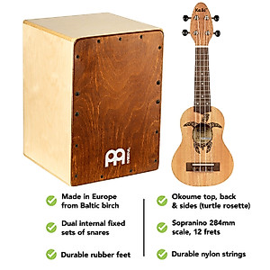 Meinl Percussion Snare Cajon Box Drum with Ukulele Jam Bundle — Keiki Sopranino by Ortega Guitars — Two Year Warranty, JC50K1