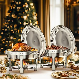 WARMOUNTS Chafing Dishes for Buffet 5QT, [95% Pre-Assembled] Round Chafing Dish Buffet Set w/Lid Holder, Stainless Steel Chafers and Buffet Warmers Sets for Parties, Wedding, Camping, Dinner (2)