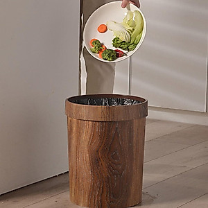 PRETYZOOM Wood Grain Trash Can, 10L Round Plastic Wastebasket Bedroom Kitchen 11x9 Inch Vintage Recycling Bin Rustic Garbage Can with Removable Bag Holder for Bathroom Offices