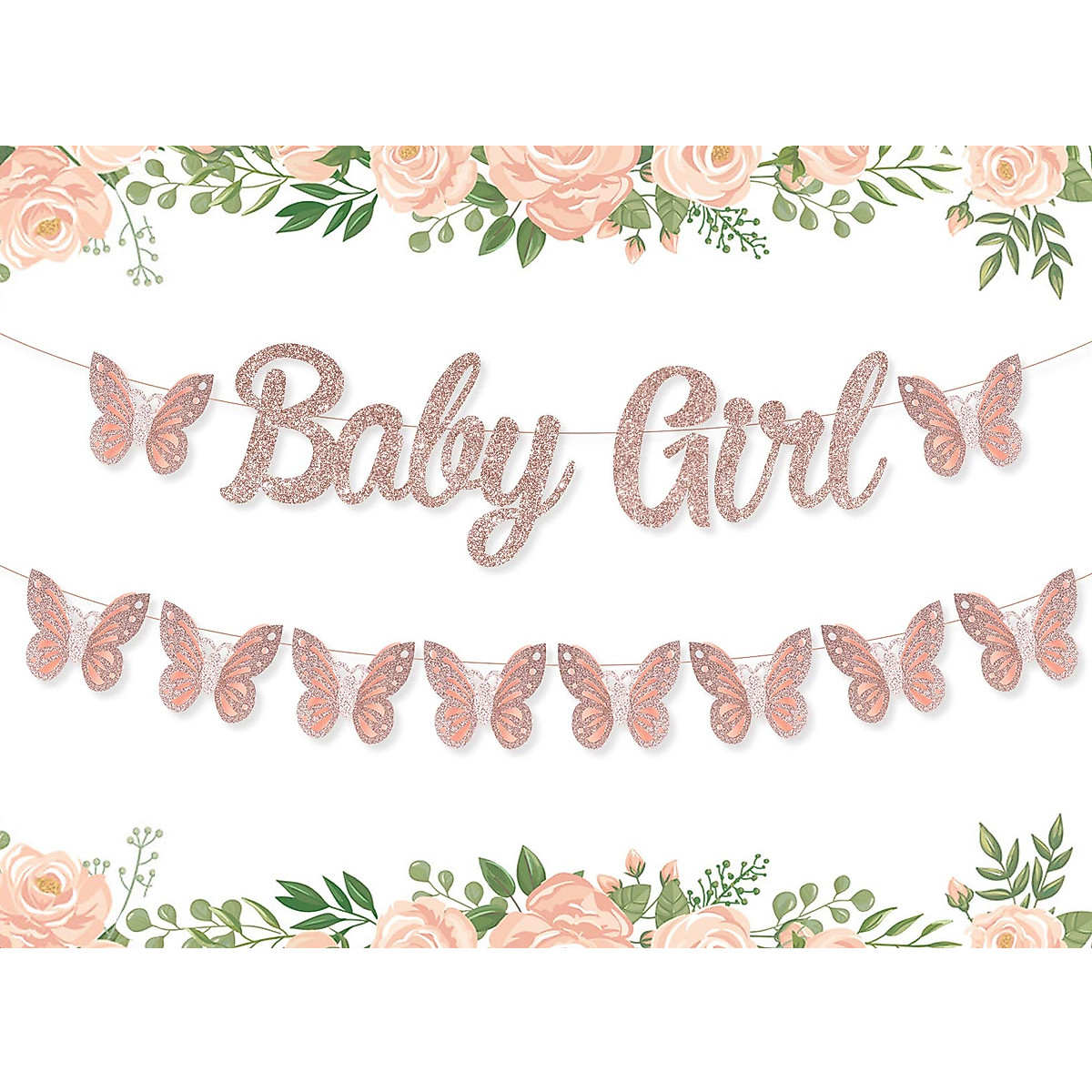 Butterfly Baby Shower Decorations for Girl Butterfly Baby Shower Banner Butterfly Glitter Garland Rose Gold Butterfly Garden Baby Shower Decorations for Girl Spring Theme Party, Home Room Decor