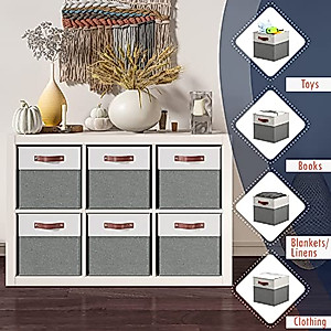 Ornavo Home Foldable Collapsible Storage Box Bins Linen Fabric Shelf Basket Cube Organizer with Leather Handles - Set of 6 - 13 x 13 x 13 - White/Gray