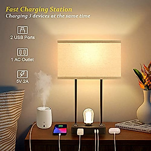 Table Lamps for Bedrooms Set of 2 - Bedside Lamps with Night Light+USB Port&AC Outlet Charging, Modern Black Nightstand Lamps with Linen Fabric Lampshade for Bedroom Living Room (4 Blubs Included)