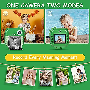 Ainiv Instant Print Cameras for Kids, 2.4 Inch Kids Digital Camera with Dual Camera, 1080P Kids Camera with Print Papers&5 Color Pens, 32GB SD Card, Gift for 3-12 Year Old Boys Girls-Green