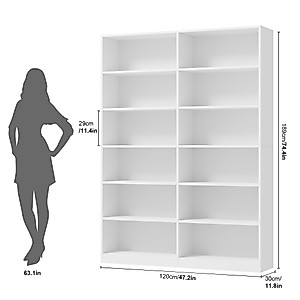FACBOTALL Bookshelf and Bookcase, 6-Tier Double Wide Bookshelves,Freestanding Display Storage Shelves, Tall Bookcases for Home Decor Bedroom, Living Room, Home Office,White