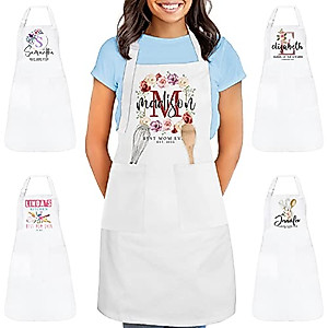Personalized White Kitchen Apron Gifts for Women - 9 Cute Designs w/Name Text - Custom Bbq Grilling Cooking Aprons for Chef w/Pocket - Customized Floral Kitchen Apron Gift for Girl - Barbecue Apron C1