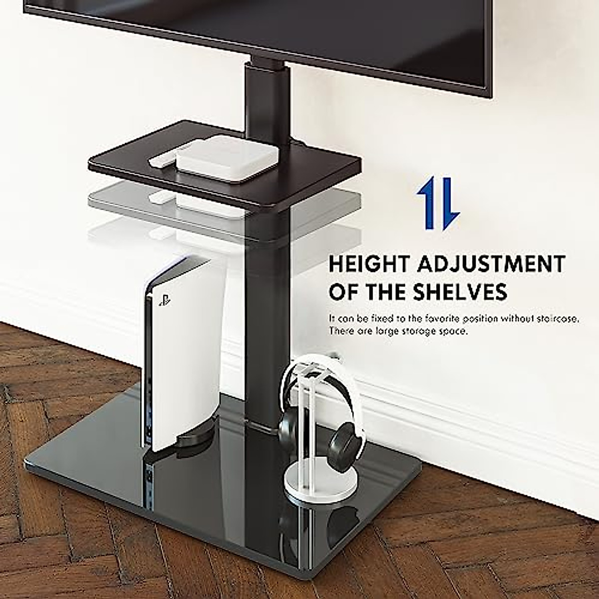 FITUEYES Universal TV Stand for 32 39 40 43 49 50 55 60 Inch TVs, TV Floor Stand with Swivel Mount, Max Holds 66lbs, Black Glass Base, Height Adjustable, Perfect for Corner & Bedroom