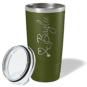 Personalized Heart Stethoscope Tumbler Gift for Nurse, RN, LPN, CNA, CMA, MA Laser Engraved on Army Green 20 oz Stainless Steel Tumbler with Lid - Insulated Cup - Custom Travel Mug