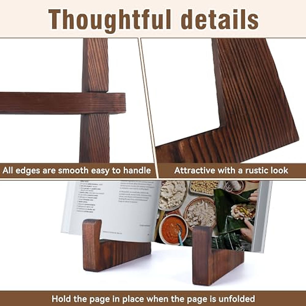 DEBETOOL Cookbook Stand for Kitchen - 8.8 inch Wooden Cookbook Holder for Kitchen Counter, Multifunctional Recipe Book Stand，Rustic Brown Recipe Book Holder Stand