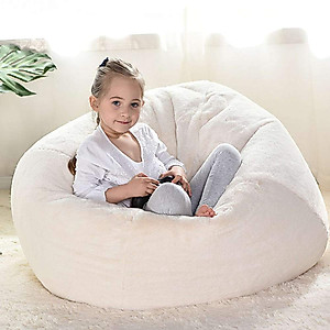 Lazy Sofas Cover, Handmade Rabbit Fur Warm Lounger Seat Bean Bag Cover Soft Beanbag Chair for Adult Teen Children, Without Filling,White,L
