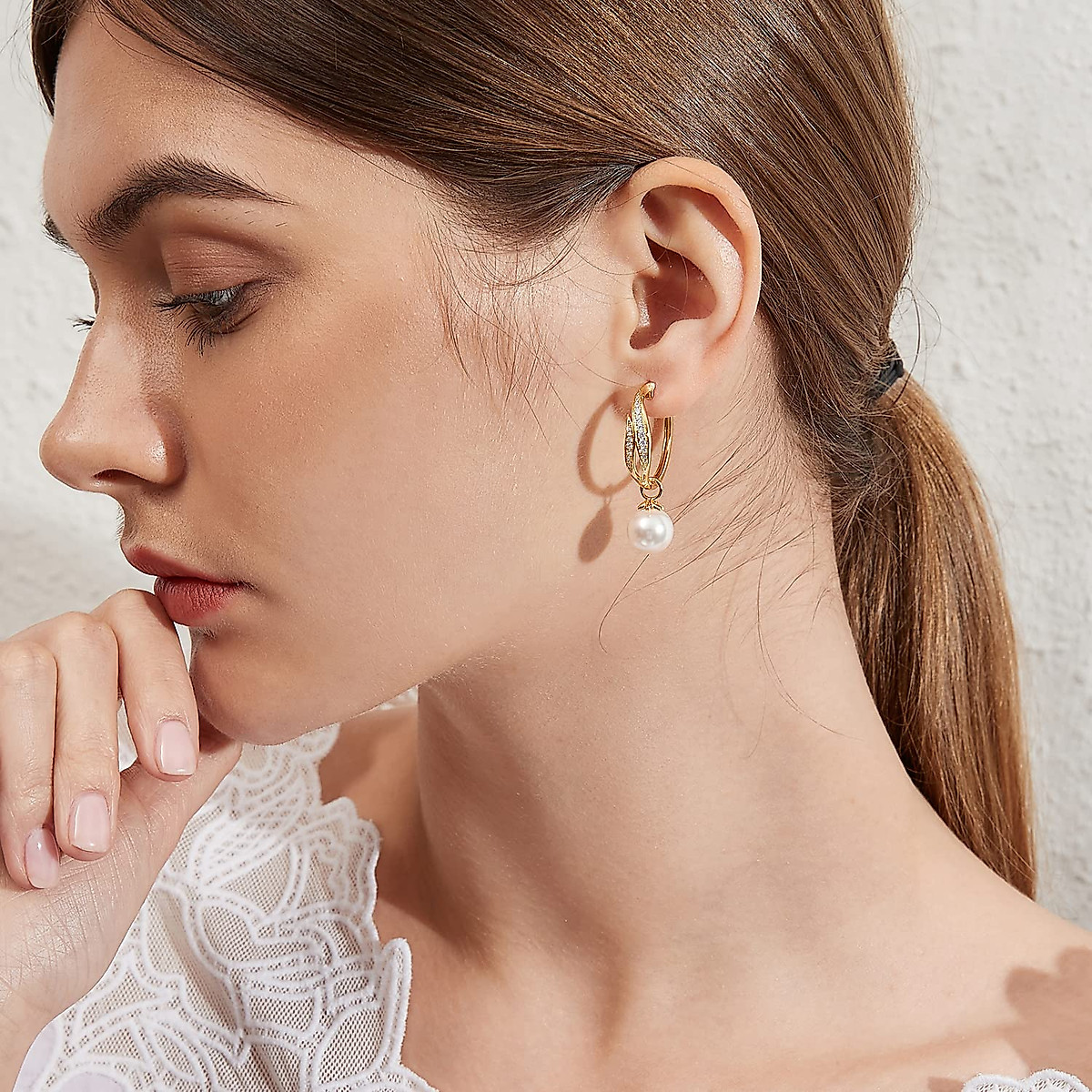 Pearl Hoop Earring Pearl Diamond Earrings Pearl Dangle Earrings Sterling Silver Pearl Earrings for Women Wedding Pearl Earring Huggies Large Gold Pearl Dangling Earring with Pearl 10MM