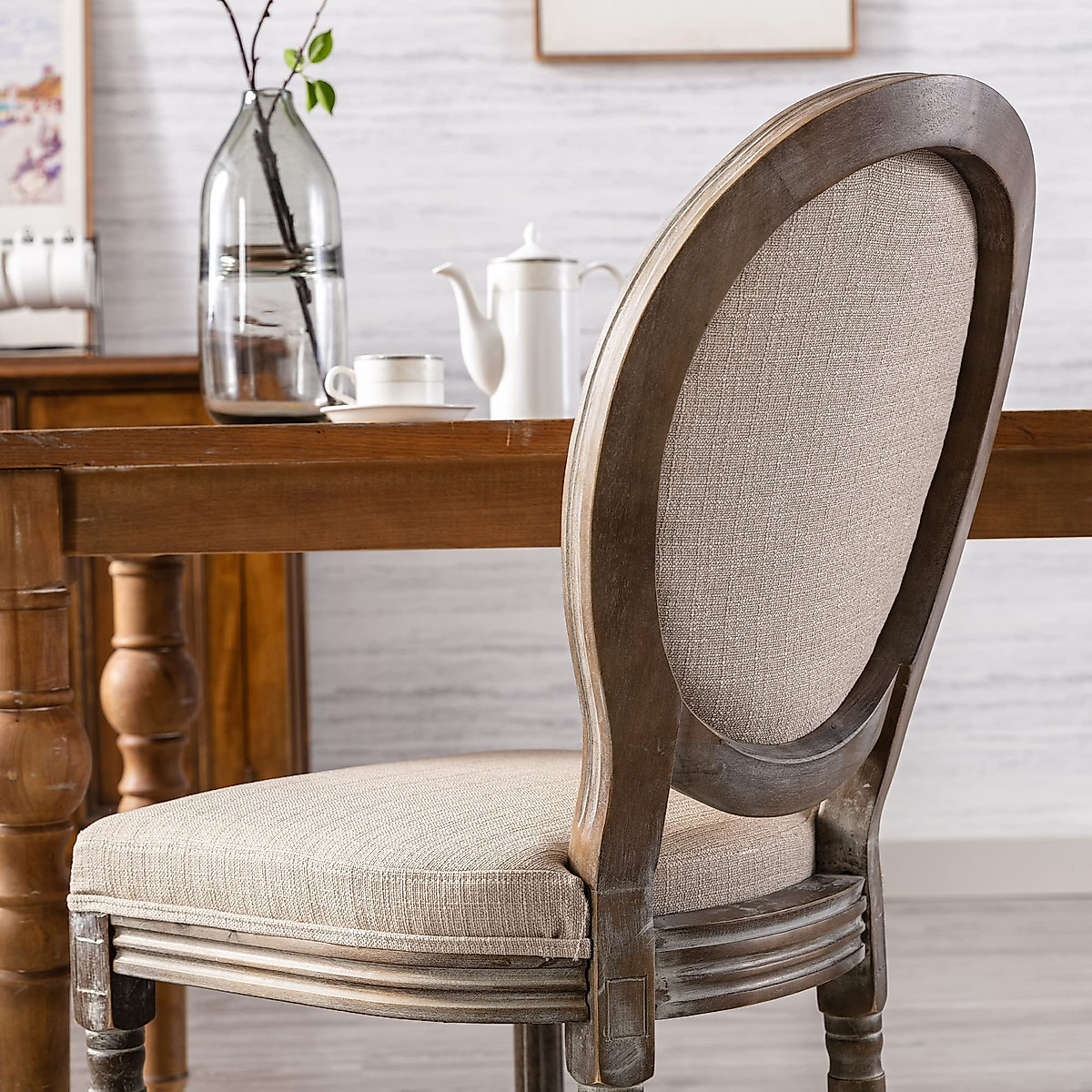 chairus Farmhouse Dining Chairs Set of 6, French Country Dining Room Chairs Vintage Fabric Upholstered Chair with Round Back Dark Wood Legs, Beige 6 PCS