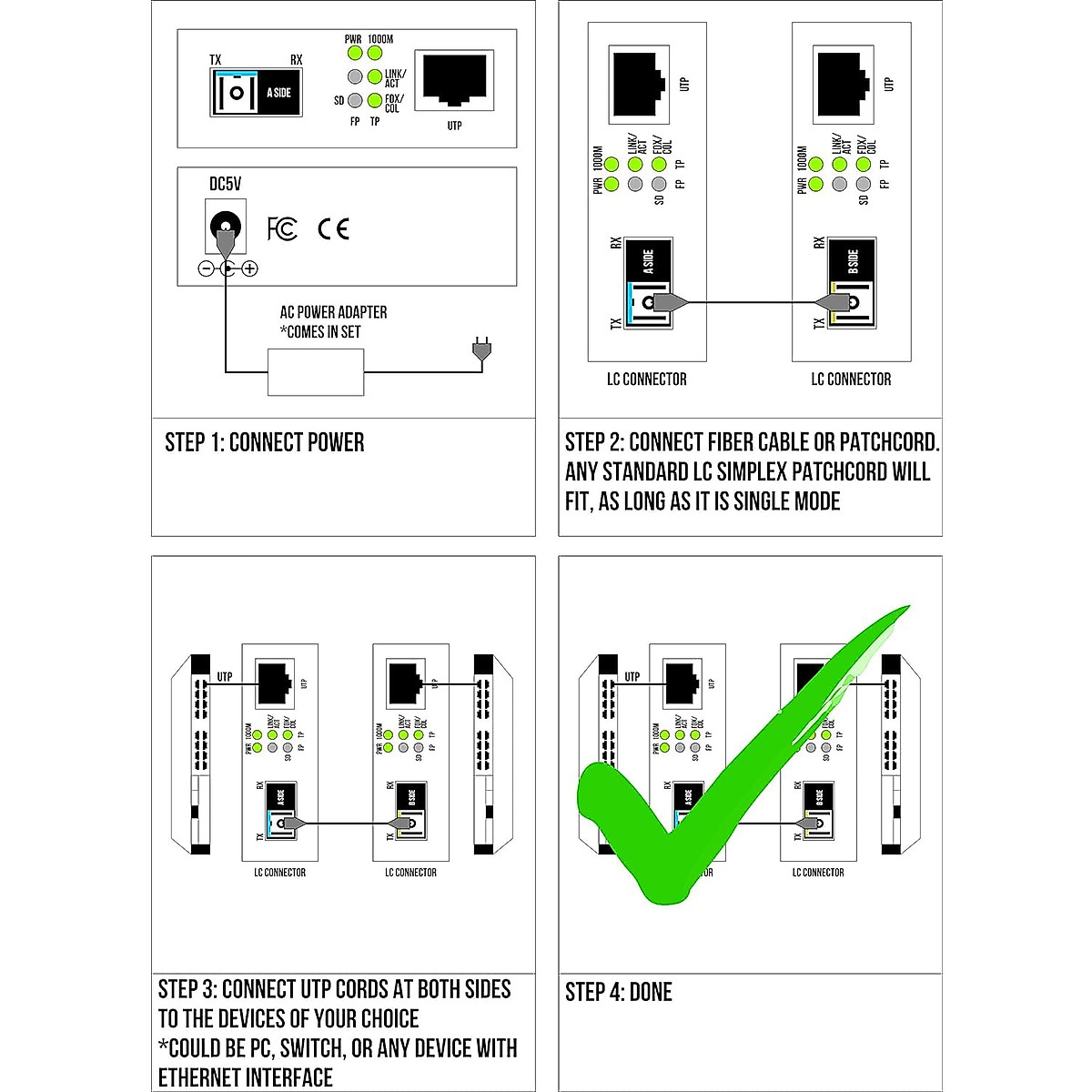 Single Mode LC WDM Single Fiber Bi-Di Gigabit Media Converter - Built-in Fiber Module 20km (12.42 Miles) - to UTP Cat5e Cat6 10/100/1000 RJ-45 - Auto Sensing Gigabit or Fast Ethernet Speed -1 Pair