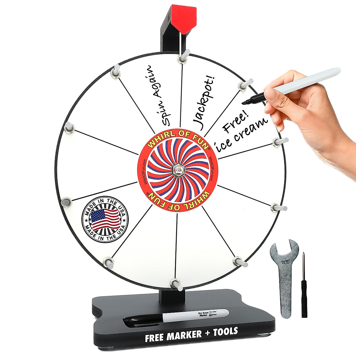 Whirl of Fun 12 Inch White Prize Wheel-Spinning Wheel for Prizes with Stand, 10 Slots, Customize Erasable Whiteboard Surface, Portable, Tools and Marker Included, Made in USA