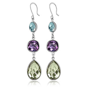 Gem Stone King 925 Sterling Silver Multi Shape Sky Blue Topaz Purple and Green Amethyst Dangle Earrings For Women