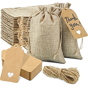 24 Pieces 5 x 7 Inch Brown Burlap Gift Bags Linen Burlap Present Bags Party Favor Jewelry Pouches with Drawstring Treat Goodies Bag for Christmas, Wedding Party and DIY Craft Packing with Tags, Brown