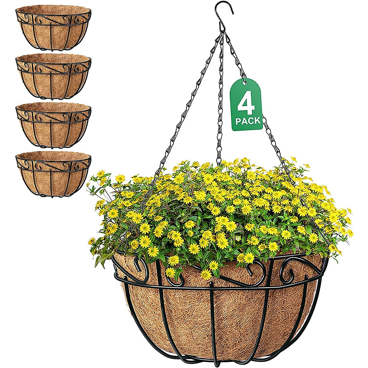 AMAGABELI GARDEN & HOME 4 Pack 14 Inch Plant Hanging Baskets Metal for Flowers Round Outdoor Hanging Pots Holder Hanger Metal with Coco Liner Chain Large Artificial Plants Decoration Black Basket14