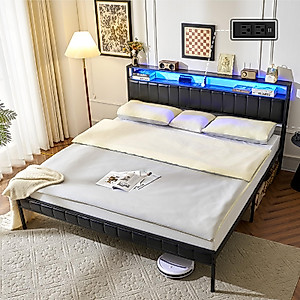 AMERLIFE King Size Platform Bed Frame, LED Bed Frame with PU Leather & Charging Station, 2-Tier Storage Headboard/No Box Spring Needed/Noise Free, Black