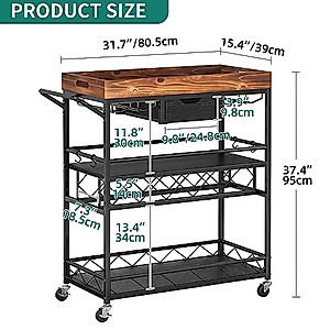 YITAHOME Industrial Bar Carts for The Home, Mobile Wine Serving Bar Cart on Wheels with Removable Wood Top Tray, 3 Tier Kitchen Cart Outdoor Mini Bar Home Bar with Drawer Wine Rack Glass Holder