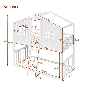Merax Twin Over Twin House Bunk Bed with Ladder, Twin Wood Bed Frame with Roof Design, Bunk Bed for Teens, Boys and Girls, White