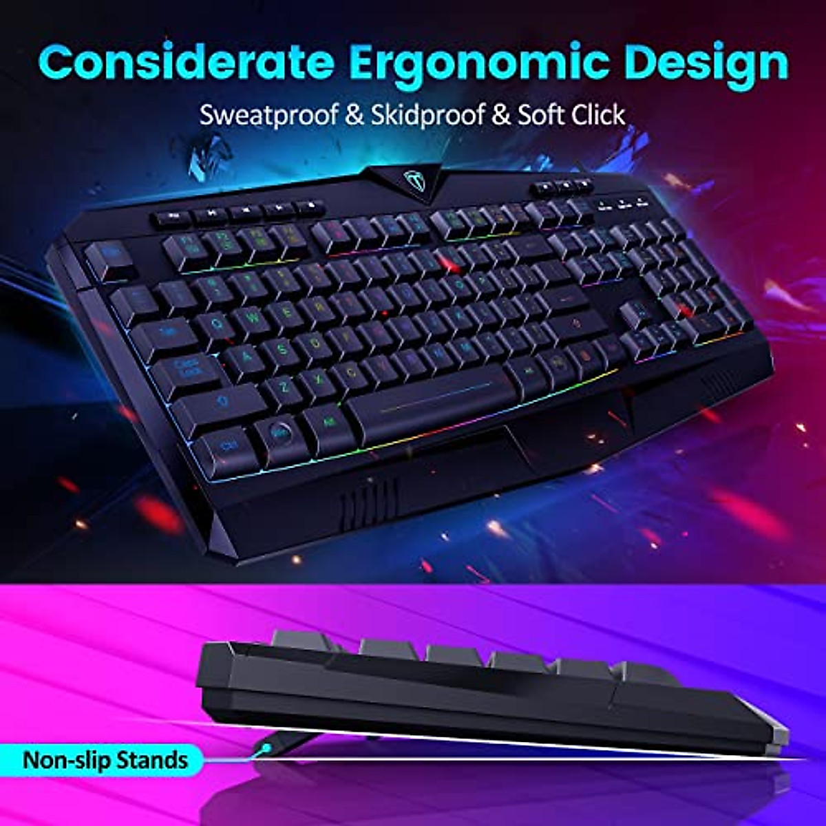 Dacoity Gaming Keyboard, Full Size RGB Backlit Quiet Computer Keyboard, Wrist Rest, Silent Keys, Multimedia Keys, Anti-ghosting, Waterproof Light Up USB Wired Keyboard for PC Mac Xbox Gamer Office