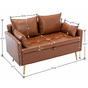 Kmax PU Leather Loveseat Sofa Chair Storage 52” Upholstered Couch Sofa with 4 Pillows Golden Legs for Living Room Small Space, Apartment, Bedroom, Dorm- Brown