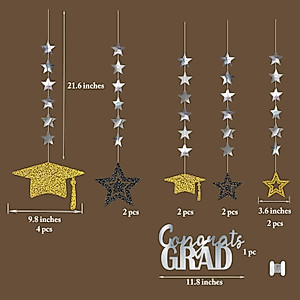 Cheerland Gold Silver Black Graduation Party Decoration Kit Black Cap Decor Shiny Congrats Grad Banner Star Hat Garland Streamer Banner Backdrop Photo Booth Background for Ceiling Home Classroom