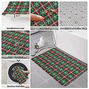 Kitchen Mat Rug 1 PCS Christmas Snowflake Red Green Diamond Plaid Runner Rug Anti-Fatigue Comfort Memory Foam Standing Mat Non-Slip Floor Door Mat for Bathroom Bedroom 18x47in