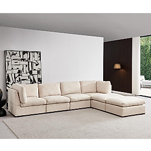 WILLIAMSPACE 129" Sectional Sofa Couch with Feather Filled, U-Shaped Sofa with Ottoman, Down-Filled Overstuffed Upholstered, Modern Luxury Couch for Living Room, Apartment (Beige)