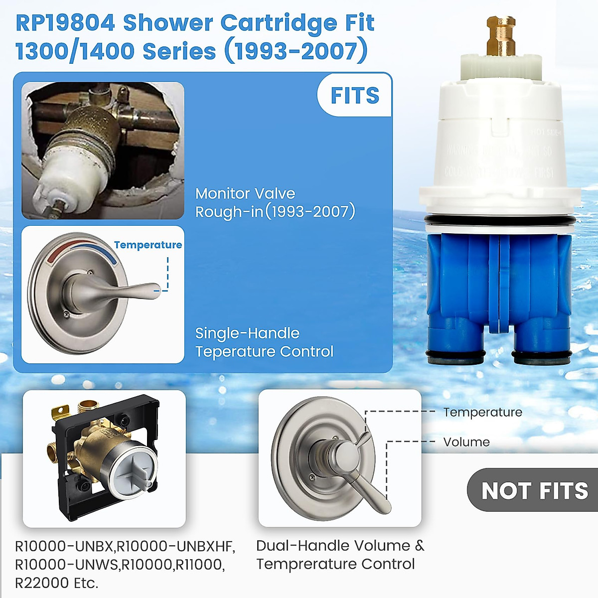 RP19804 Shower Cartridge Compatible with Delta Faucet 1300/1400 Series Tub and Shower Valves, RP19804 Cartridge Replacement Fits Select Monitor Valves 1993-2007 (2 PCS)