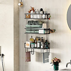 Fokyfok Over Toilet Bathroom Organizer,Over The Toilet Storage Shelf, Toilet Shelf with Toilet Paper Holder,Bathroom Shelf Over Toilet,3 Tier Toilet Storage Rack Black Metal (Black)