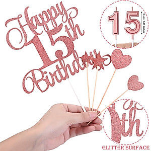 15th Birthday Cake Decorations Set Include 15th Birthday Candles Numeral 15 Cake Candles and Happy 15th Birthday Cake Toppers with Heart Star Cupcake Picks for Birthday Party (Rose Gold Series)