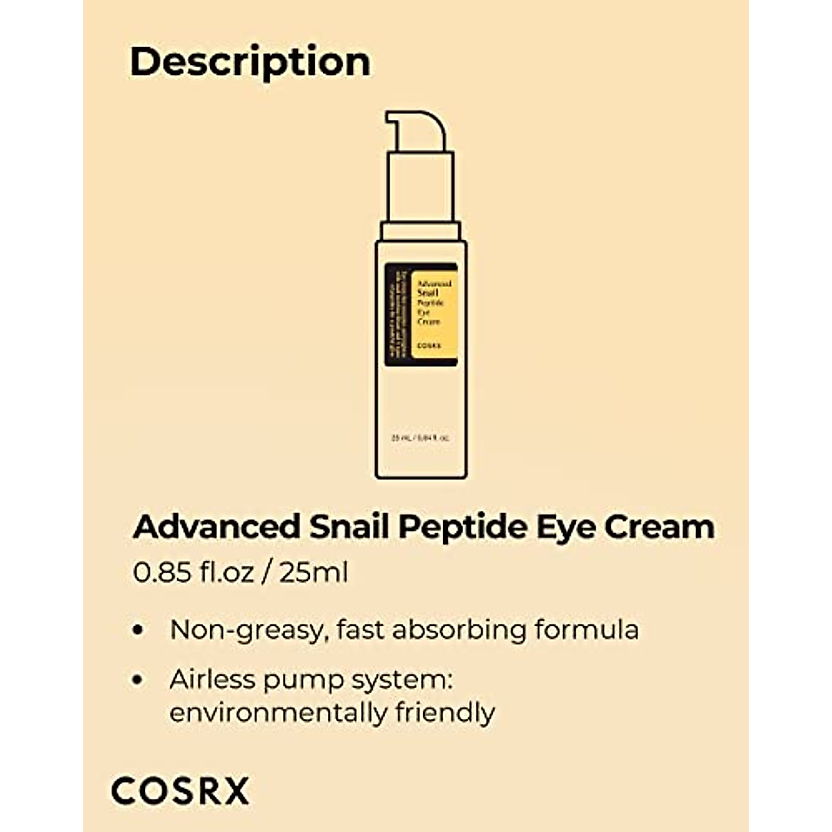 COSRX Advanced Snail Peptide Eye Cream with 73.7% Snail Mucin + 2% Niacinamide, 0.85 fl.oz / 25ml | Brightening Night Cream for Fine Lines & Dark Circles, Korean Skin Care, Not Tested on Animals
