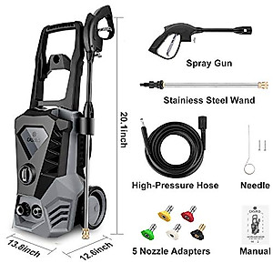 Hopekings Electric Pressure Washer High Pressure Cleaner Power Washer Machine with Power Hose Gun, 5 Nozzles for Cleaning Cars, Home, Driveway, Patio, Garden, Yard