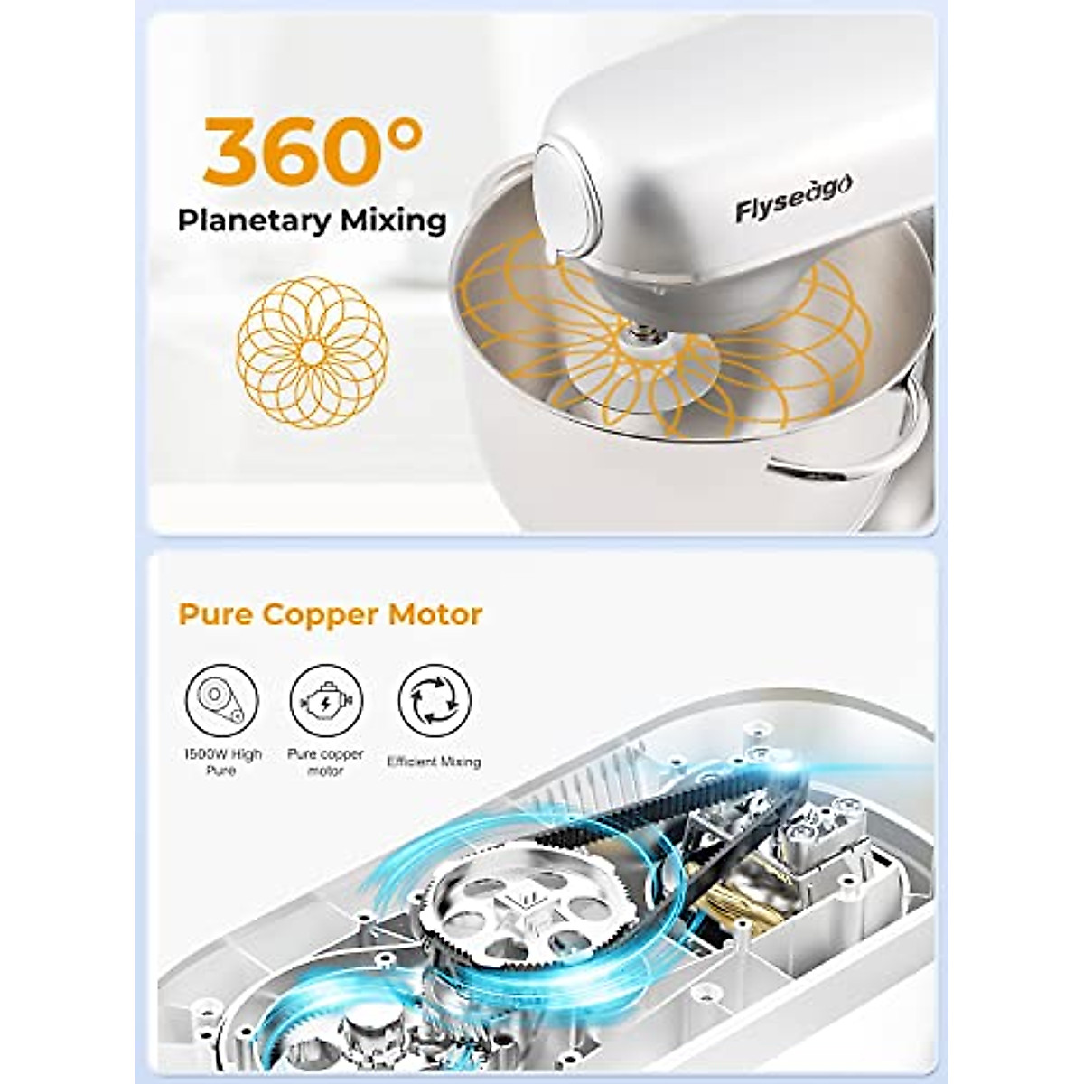 Flyseago Stand Mixer 8-IN-1 8.5 Qt Multifunctional Electric Kitchen Mixer 6 Speed Tilt-Head with Stainless Steel Bowl, 1.5L Glass Jar, Meat Grinder, Dough Hook, Whisk, Pasta Attachment