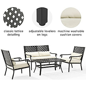 Crosley Furniture Alistair 4-Piece Outdoor Loveseat Patio Furniture Set, Conversation Sets for Porch, Deck, Matte Black with Creme Cushions