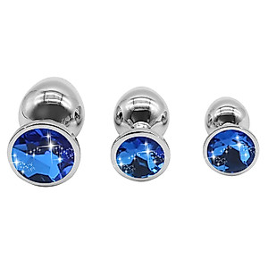 Suction Cup Realistic Classic Dick Plug Double Headed Solid Stainless Steel in 3 Sizes with Diamonds (Blue) for Men and Women